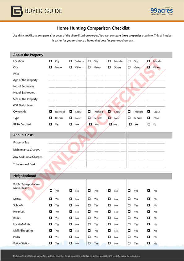 Home buying comparison checklist for buyers - 99acres.com