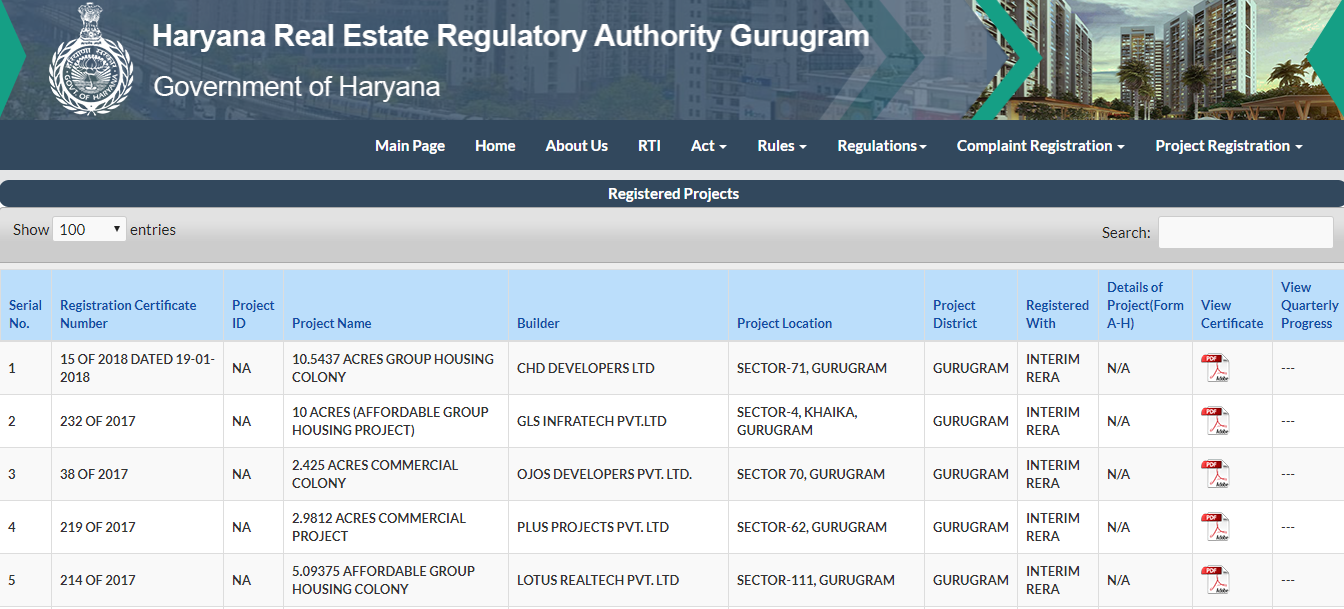 How to find project details on Haryana RERA website