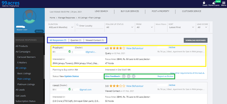 How to manage responses in ‘My99acres’?