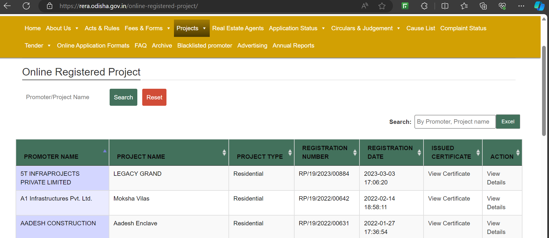 How to find project details on the RERA website?
