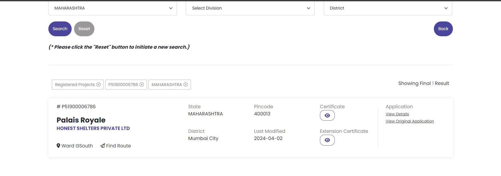 Maharashtra RERA: Project search by RERA number, Details & Status
